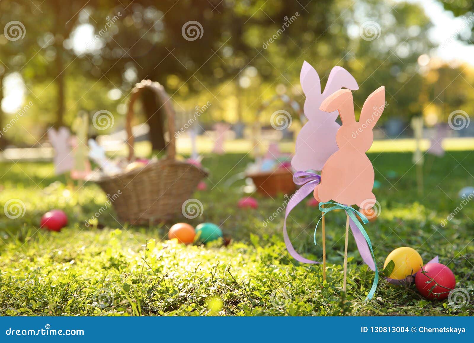 Easter Decor and Eggs on Grass in Park Stock Photo - Image of gift ...