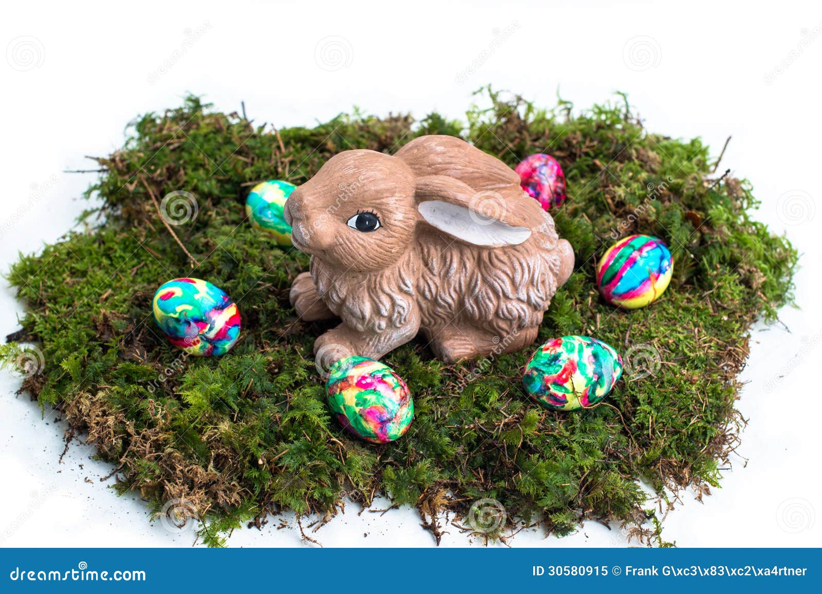 Easter Decoration: Painted Eggs and Rabbit on Moss Stock Image - Image ...