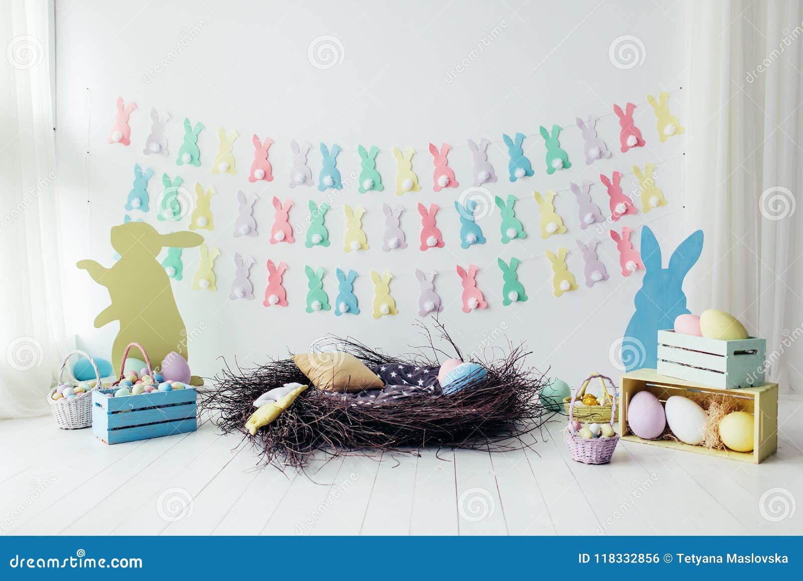 Easter Decoration of the Room, Studio. Nest, Eggs, Baskets, Boxes ...