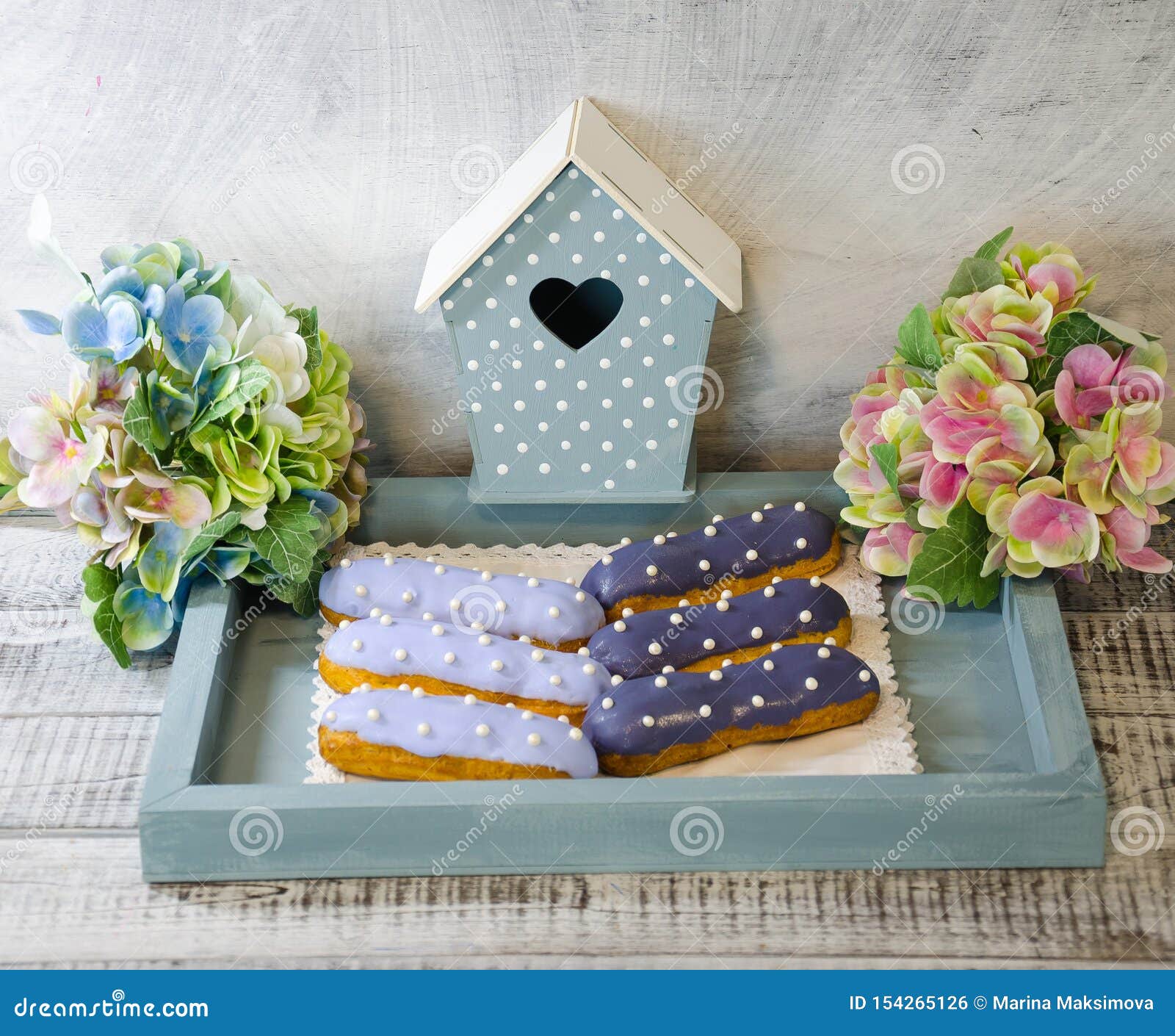 Easter Decoration Set with Glazed Kulich and Vanilla Eclairs Stock ...