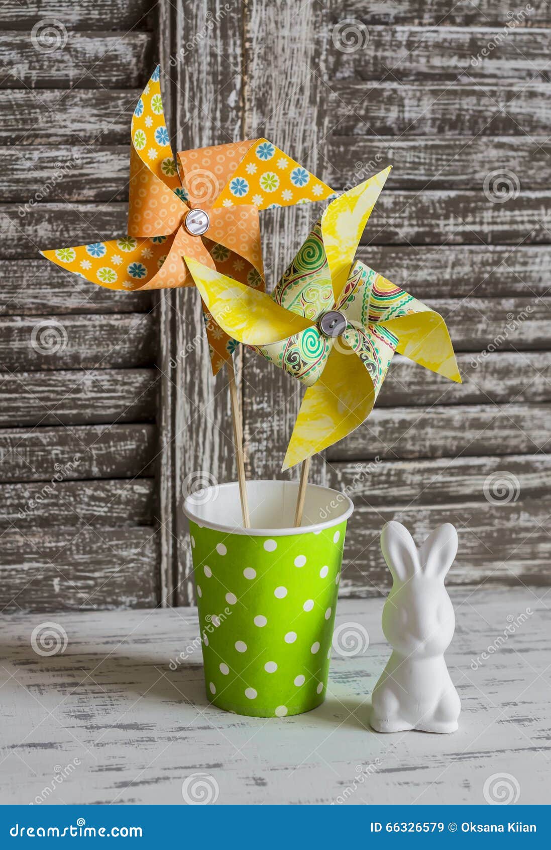 Easter Decorations - Homemade Paper Pinwheels and Ceramic Easter Bunny ...