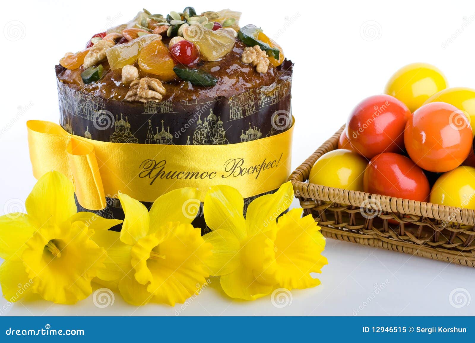 Easter Dessert Paskha, Eggs in Woven Basket, Daffo Stock Image - Image ...