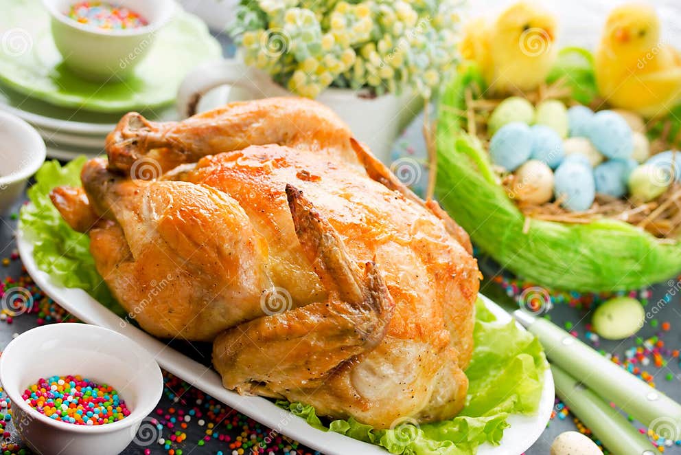 Easter Dinner Food Idea Roasted Easter Chicken Stock Image - Image of ...