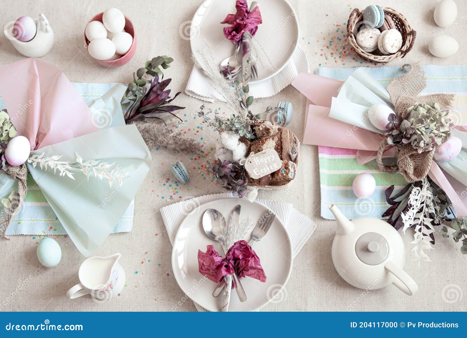 Easter Dinner Table Setting and Decor Top View Stock Photo - Image of ...