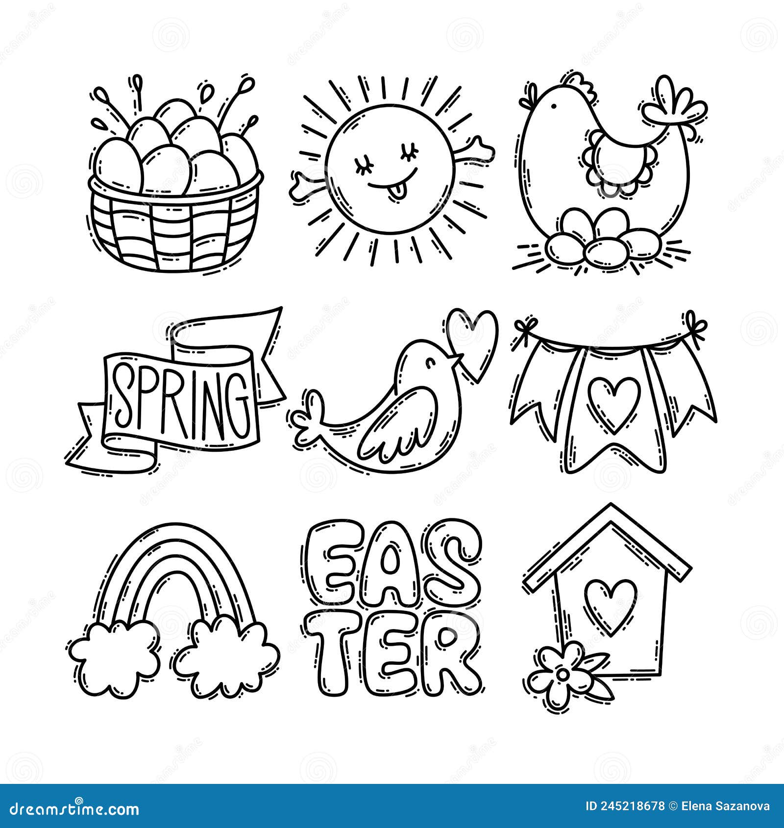 Easter Doodle Style Hand-drawn Icon Set with Simple Engraving Effect ...