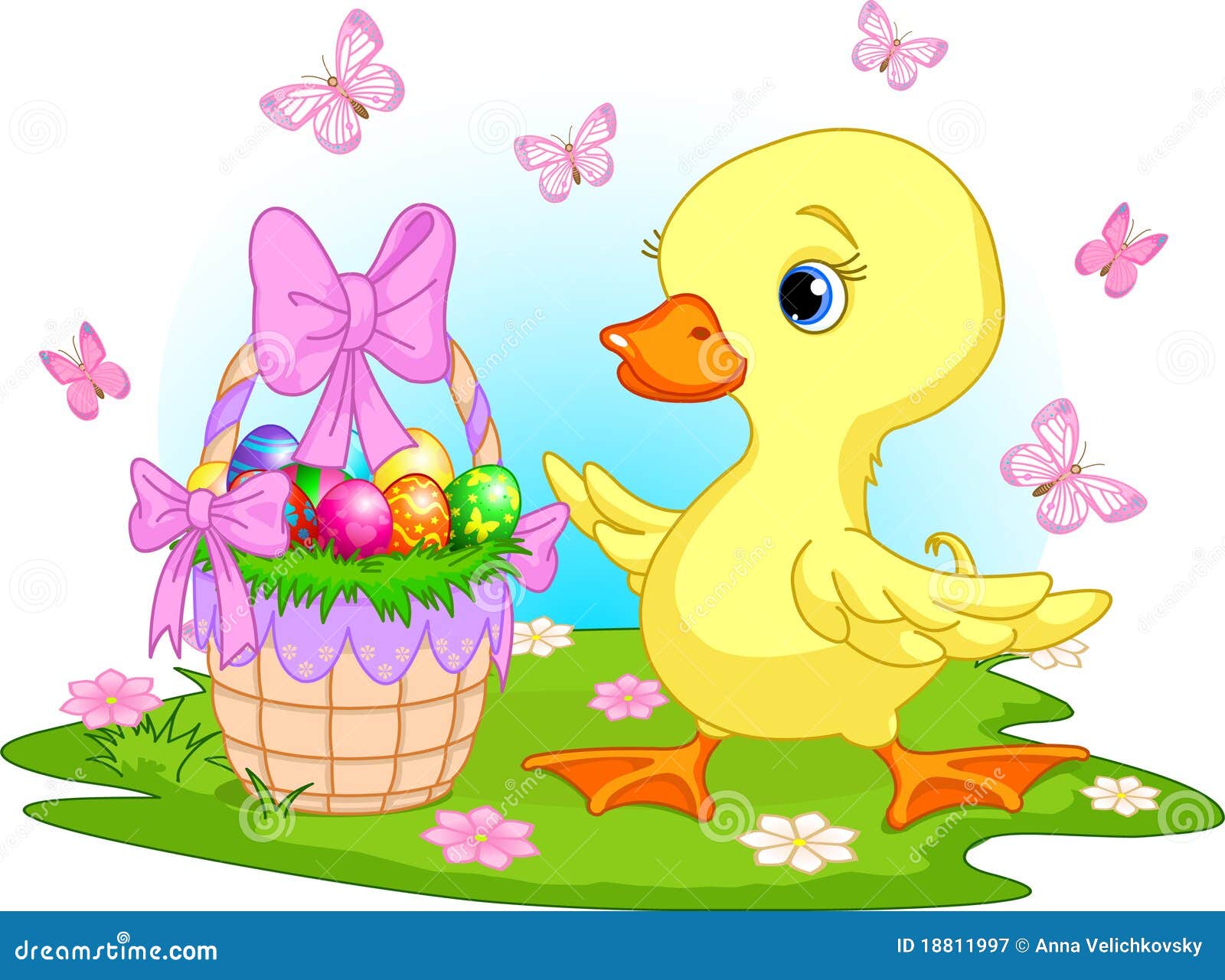 Easter Duckling with a Basket of Eggs Stock Vector - Illustration of ...