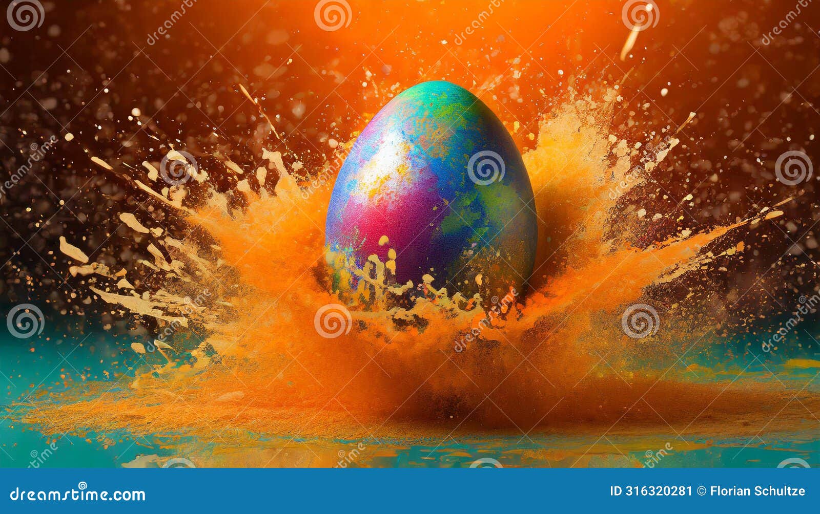 Easter Egg in a Color Explosion or Splash on Orange Background Stock ...