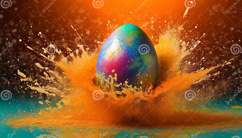 Easter Egg in a Color Explosion or Splash on Orange Background Stock Illustration - Illustration ...