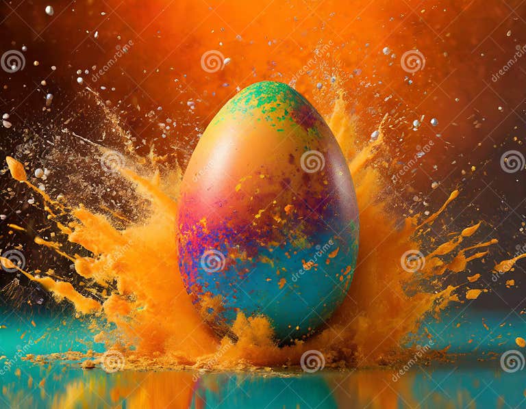 Easter Egg in a Color Explosion or Splash on Orange Background Stock ...