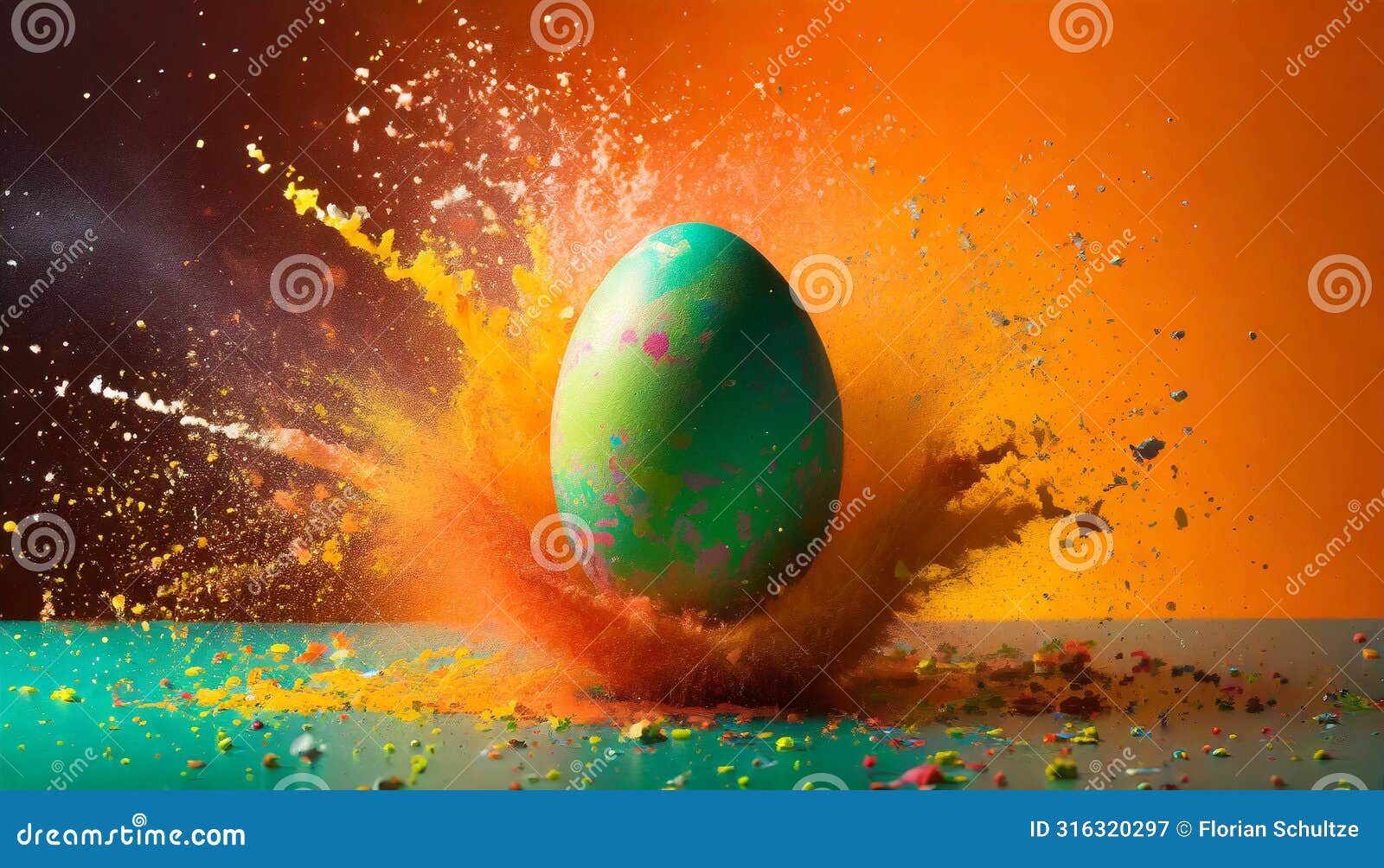 Easter Egg in a Color Explosion or Splash on Orange Background Stock ...