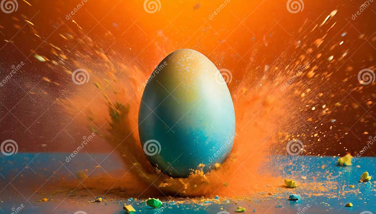 Easter Egg in a Color Explosion or Splash on Orange Background Stock ...