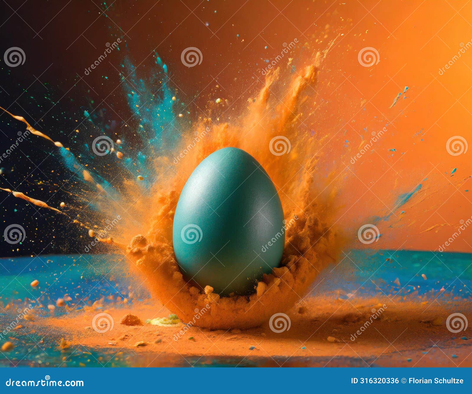 Easter Egg in a Color Explosion or Splash on Orange Background Stock ...