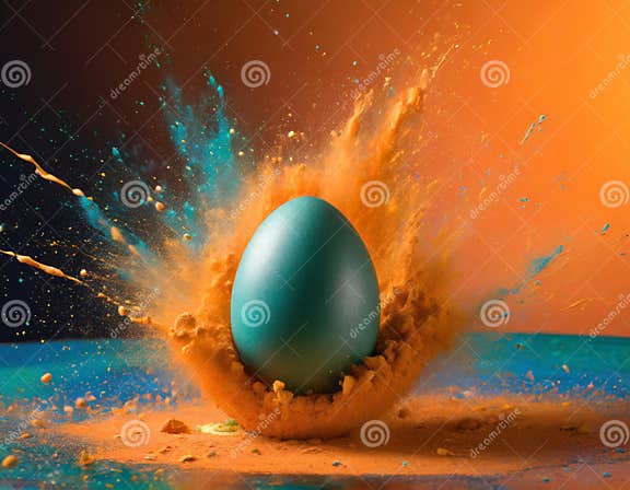 Easter Egg in a Color Explosion or Splash on Orange Background Stock ...