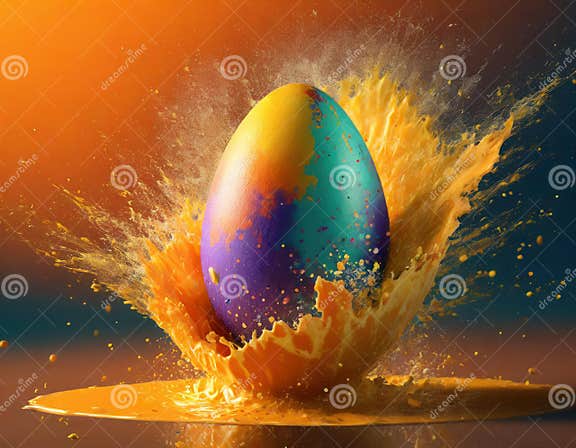 Easter Egg in a Color Explosion or Splash on Orange Background Stock ...