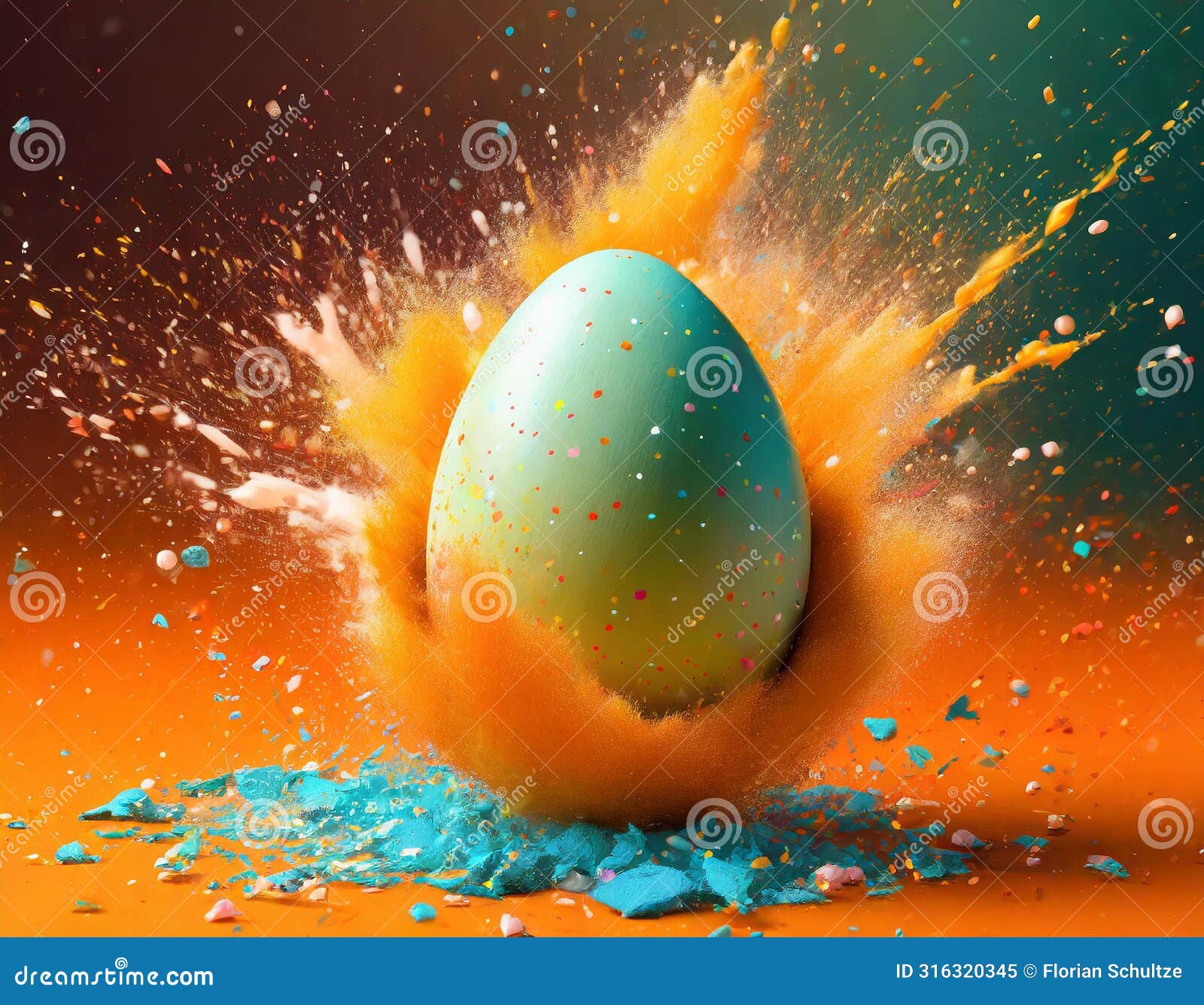 Easter Egg in a Color Explosion or Splash on Orange Background Stock ...