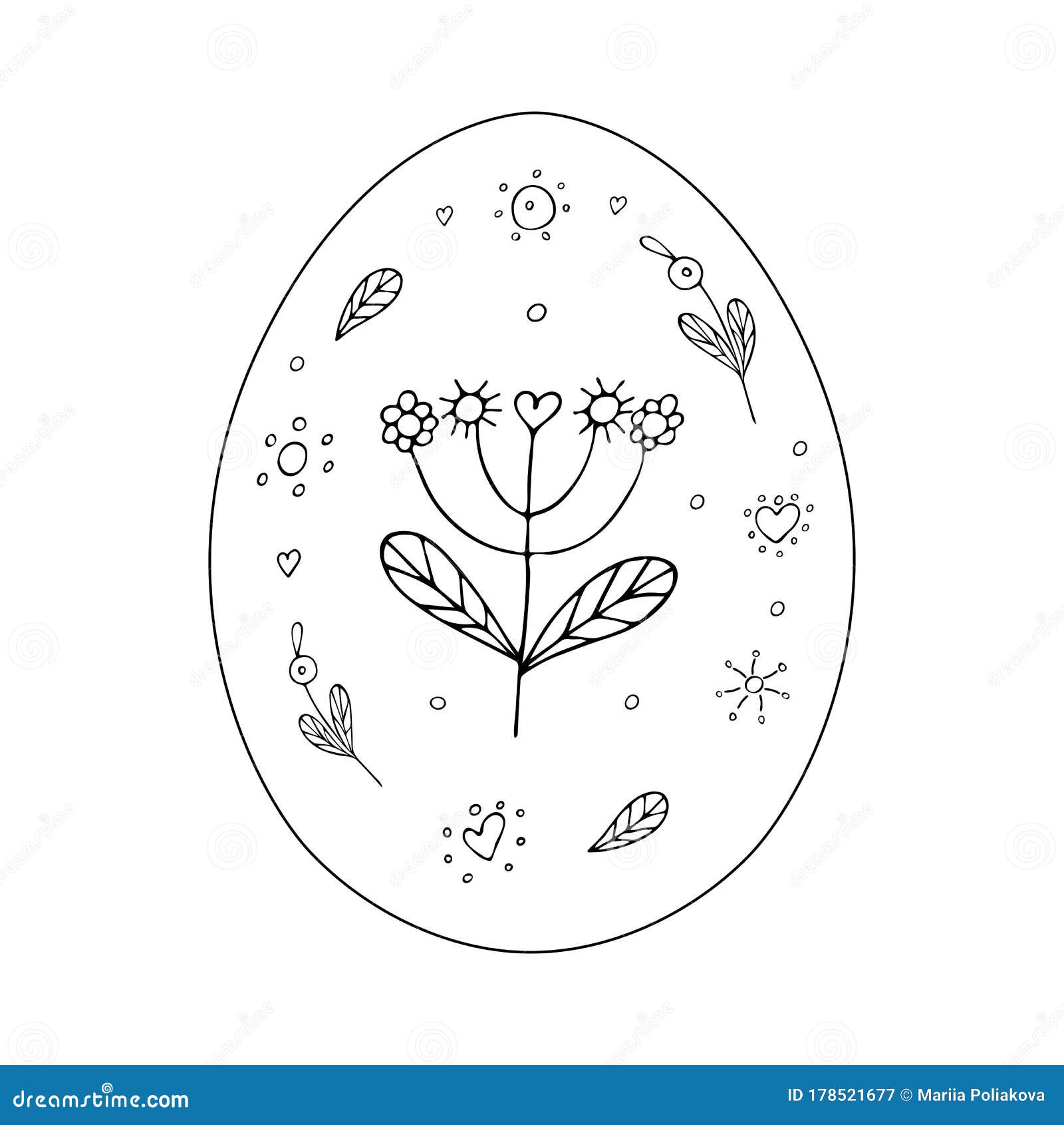 Easter Egg with Floral Ornaments. Drawing a Black Line Doodle. Hand ...