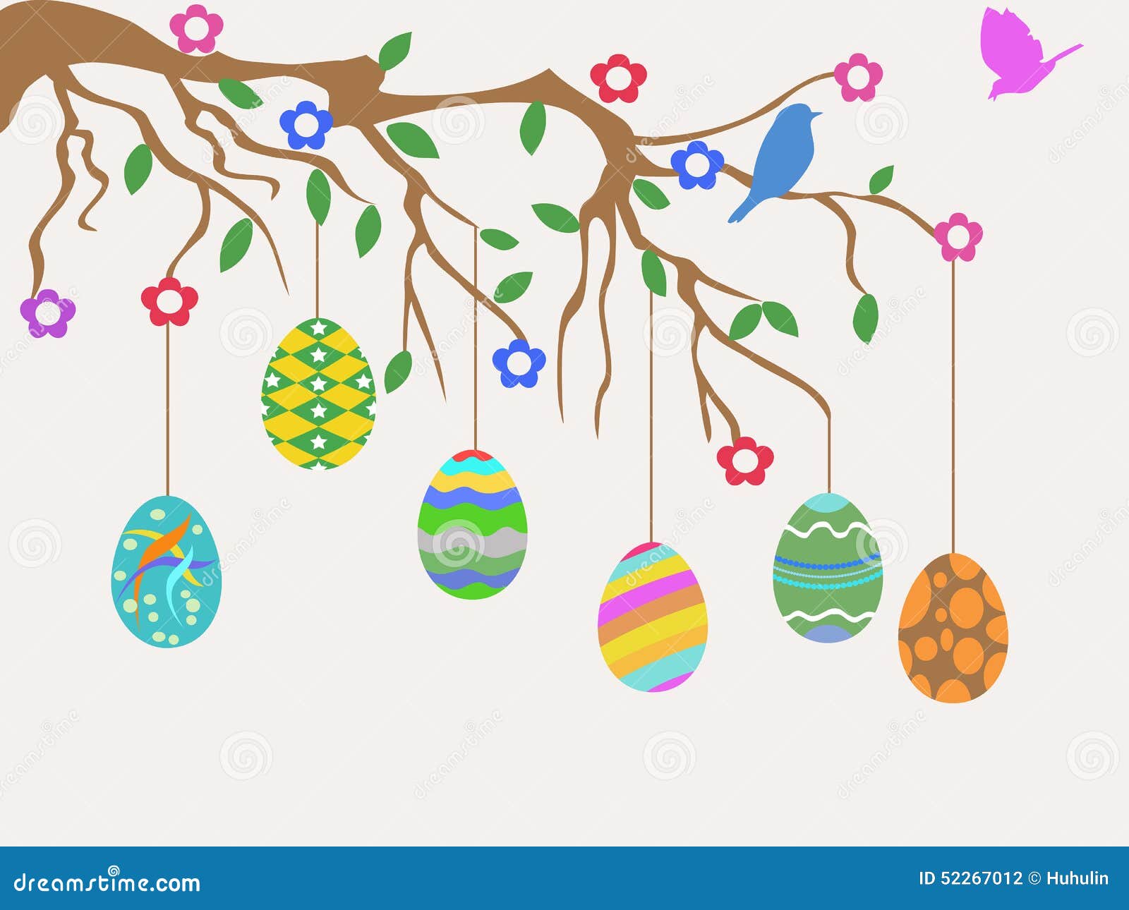 Easter Egg Hanging on Tree and Birds Flowers Card Stock Vector ...