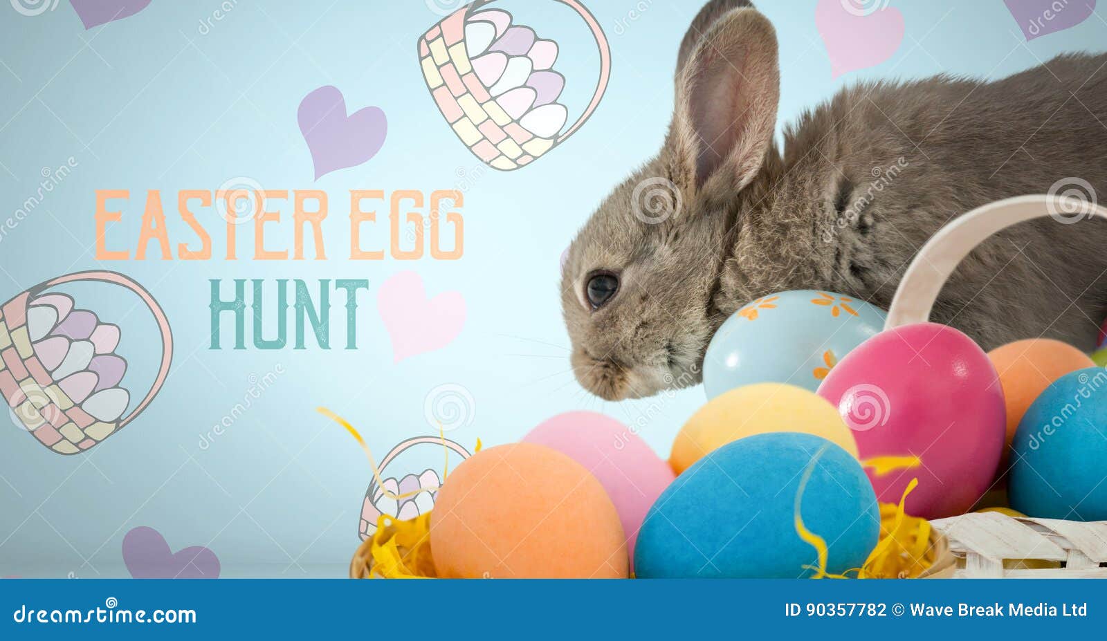 Easter Egg Hunt Text with Easter Rabbit with Eggs in Front of Pattern ...