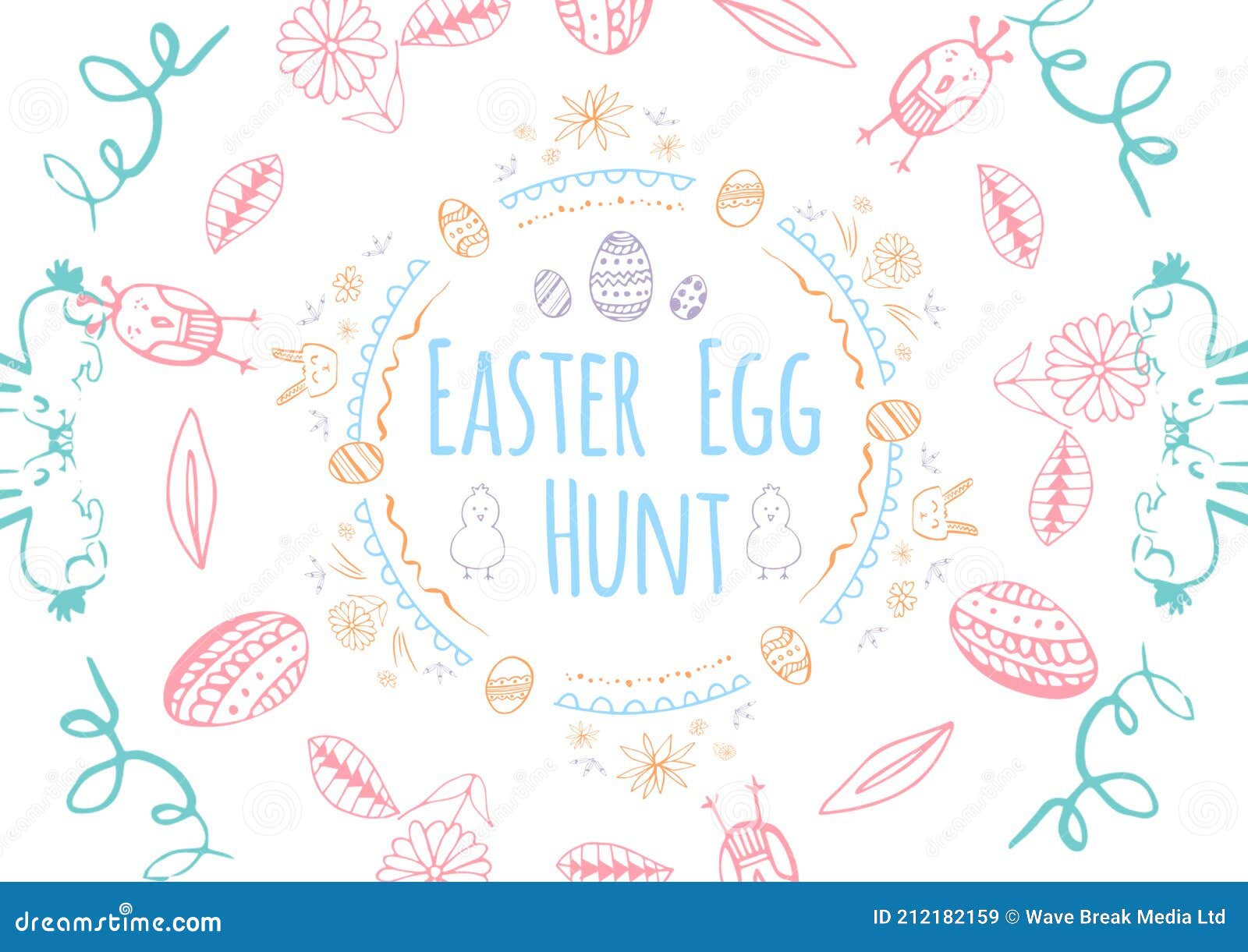 Easter Egg Hunt Text with Flowers and Easter Eggs on White Background ...
