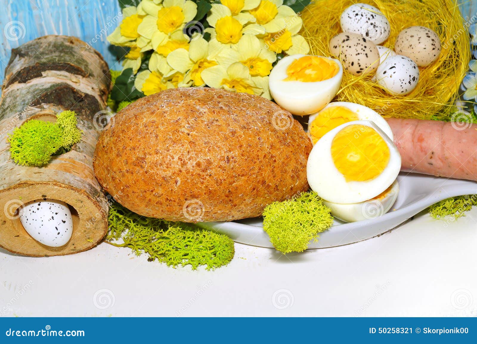 Easter - Egg and Sausage in White Dishware for Easter Stock Image ...