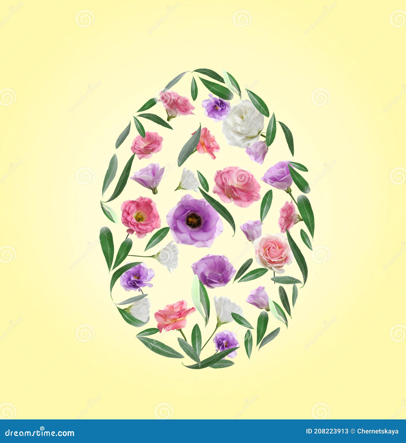 Easter Egg Shape Made of Flowers and Leaves on Yellow Background, Flat ...