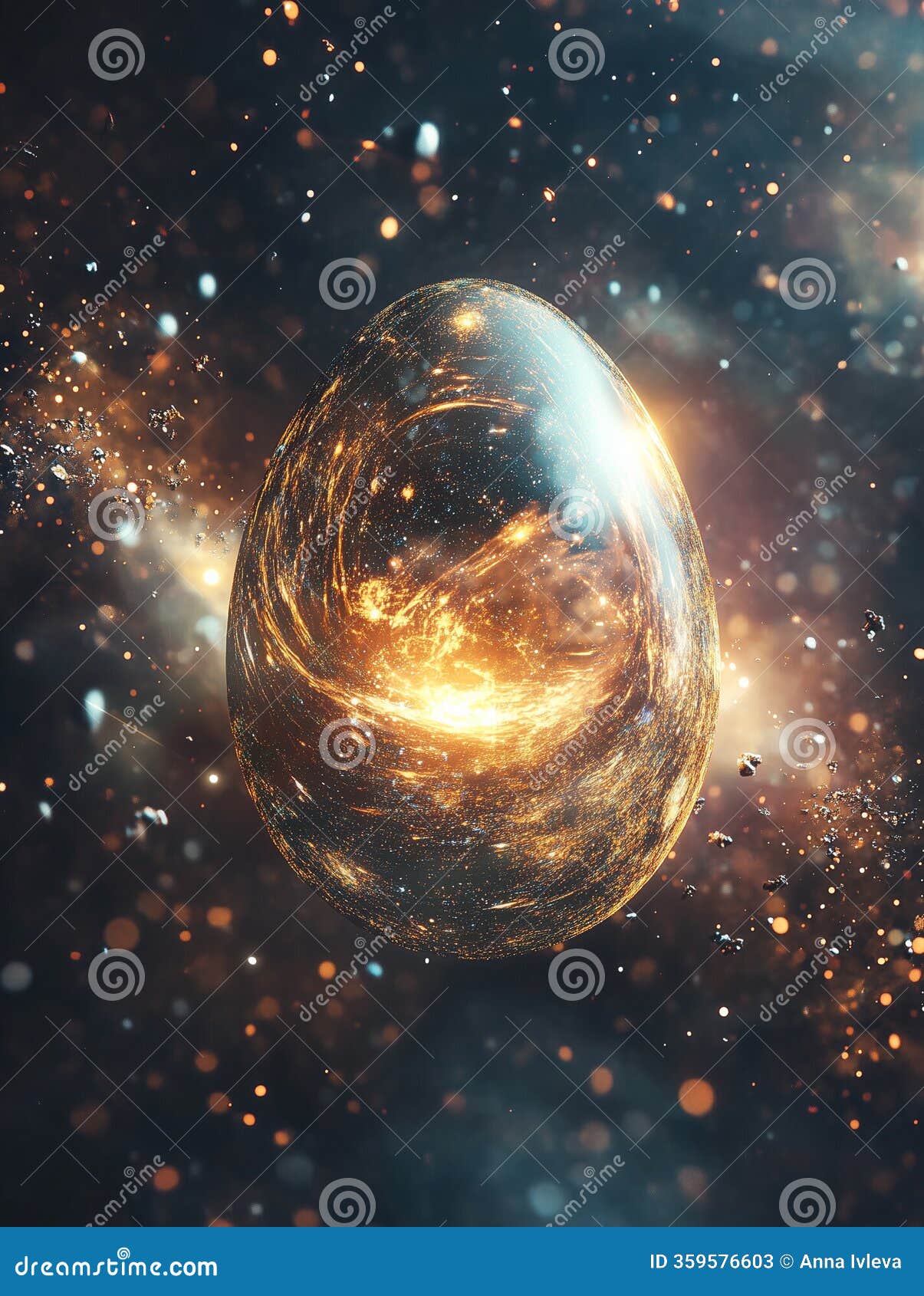 Easter Egg Soaring through a Cosmic Environment with Floating Particles and Starry Background ...