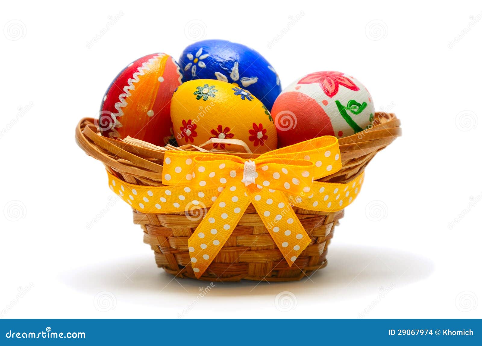 Easter Eggs in Basket Decorated with Ribbon Stock Photo - Image of ...