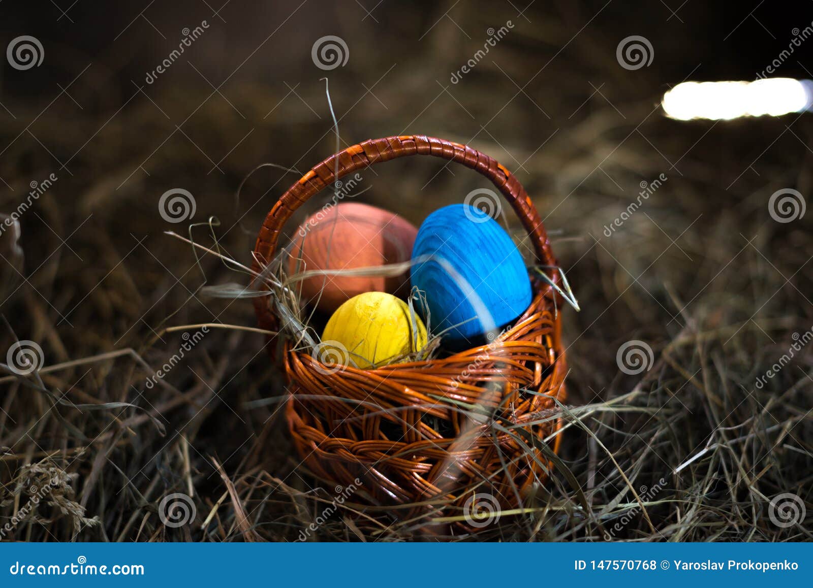 Easter Eggs in a Basket on a Hay with a Blurred Background Stock Photo ...