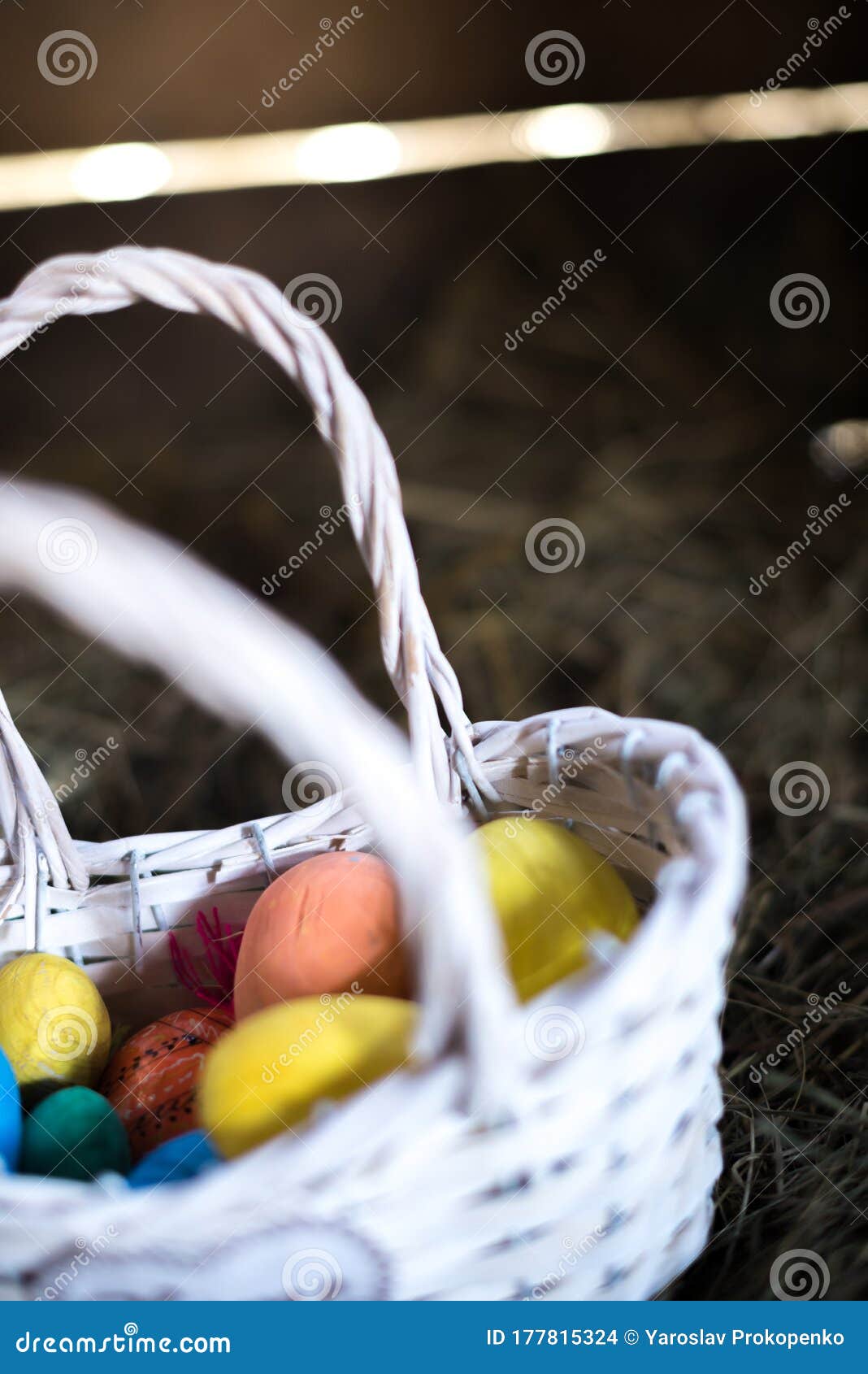 Easter Eggs in a Basket on a Hay with a Blurred Background Stock Photo ...
