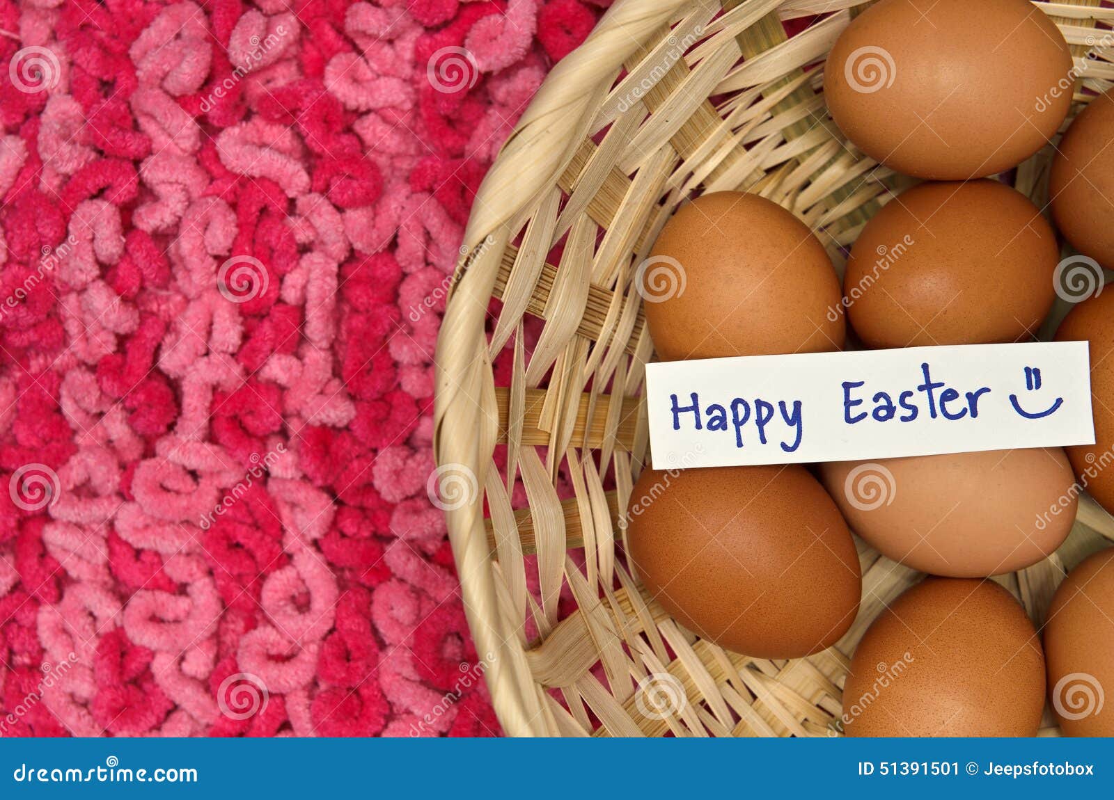 Easter Eggs in Basket with Note on Pink Fabric Background Stock Image ...