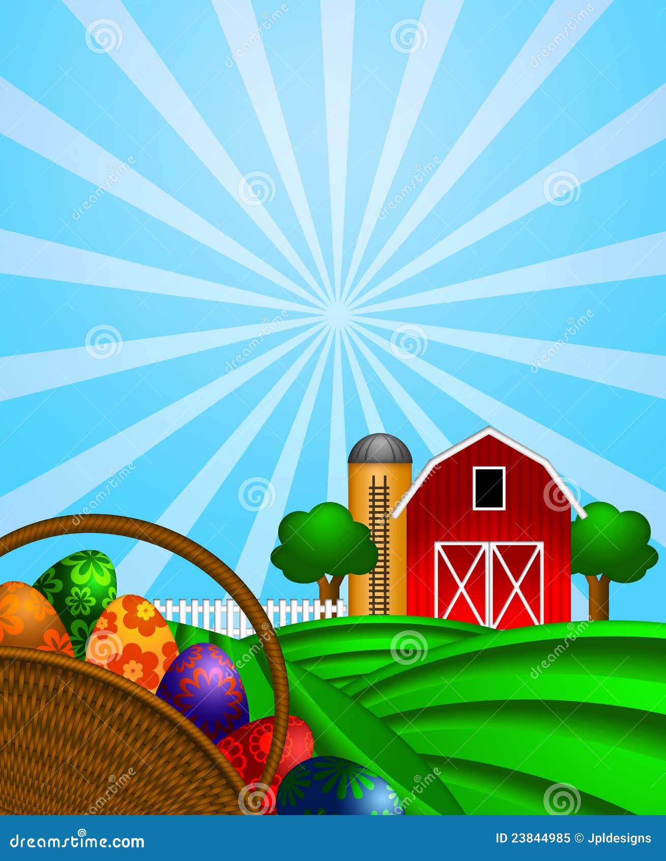Easter Eggs Basket with Red Barn on Green Pasture Stock Illustration ...