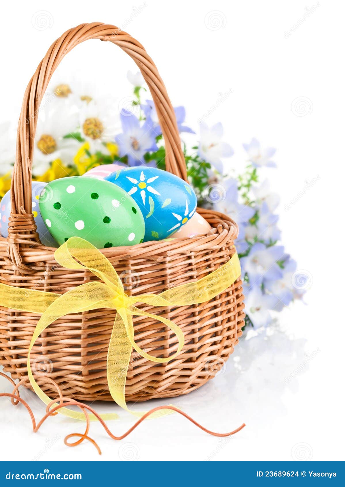 Easter Eggs in Basket with Spring Flowers Stock Photo - Image of ...