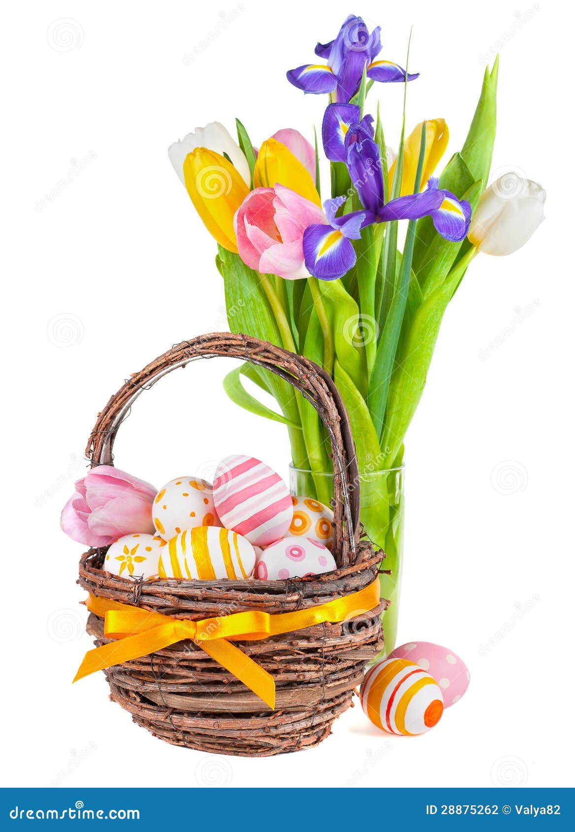 Easter Eggs in a Basket and Spring Flowers Stock Photo - Image of green ...