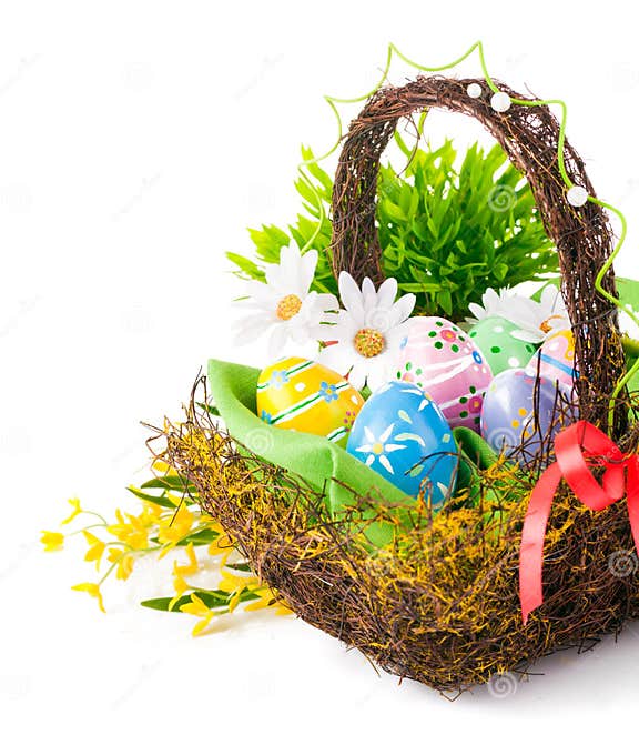Easter Eggs in Basket with Spring Flowers Stock Photo - Image of ...