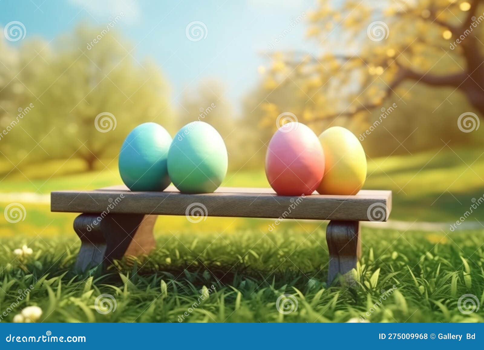 Easter Eggs on a Bench in Front of a Field Stock Illustration ...