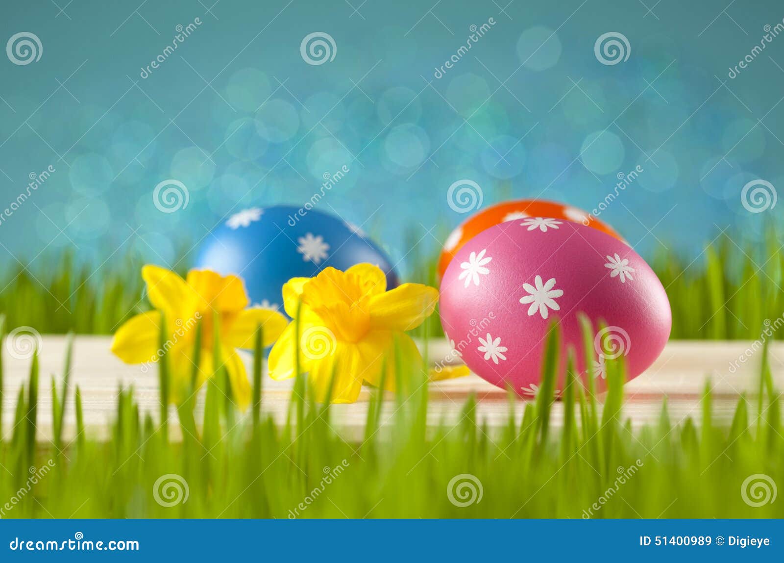 Easter Eggs on Blue Sky Background Stock Image - Image of spring, plank ...