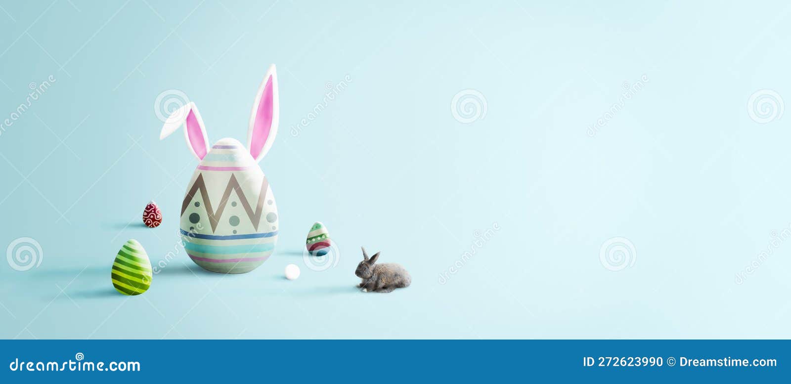 Easter Eggs with a Bunny Ears and Rabbit on Gentle Blue Background ...