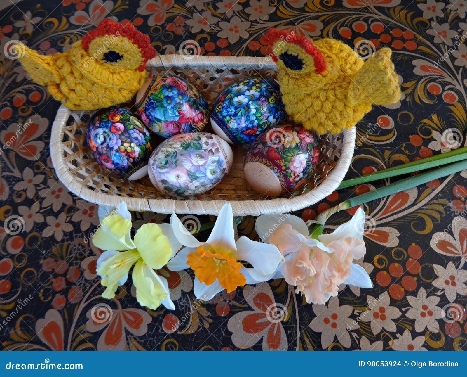 Easter Eggs, Chicks, Spring Flowers Daffodils Stock Photo - Image of ...