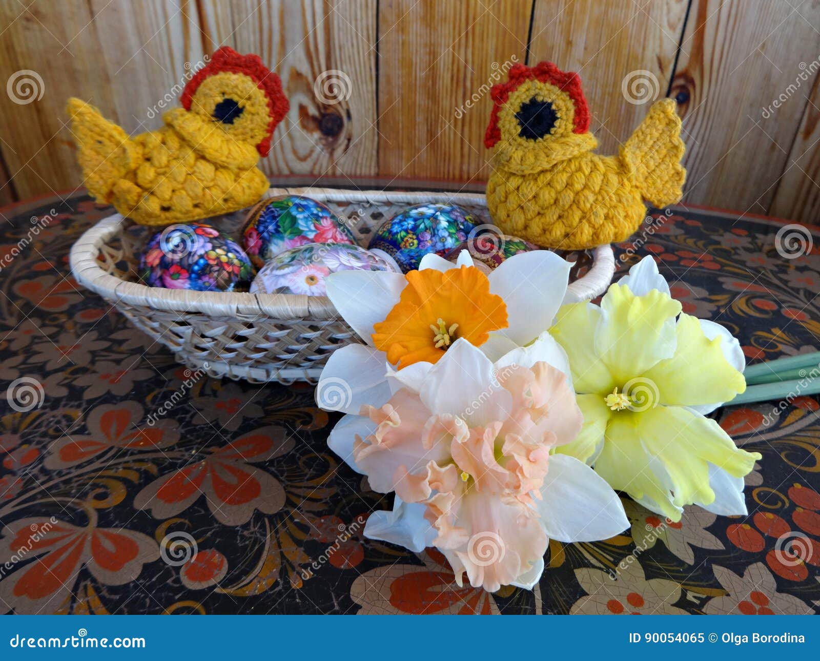 Easter Eggs, Chicks, Spring Flowers Daffodils Stock Image - Image of ...