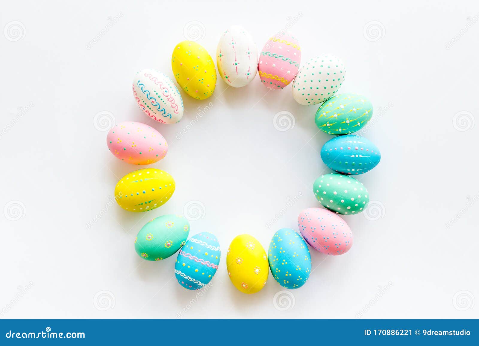 Easter Eggs Circle Frame on White Desk Top-down Copy Space Mockup Stock ...