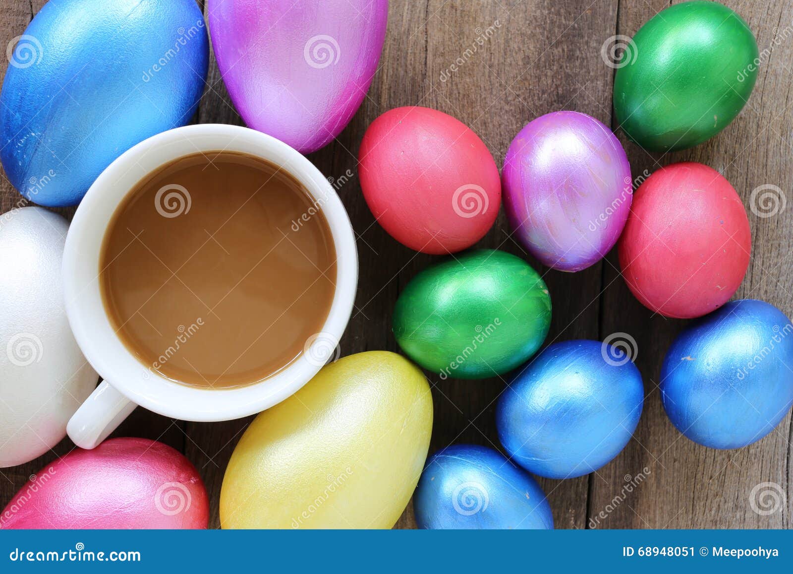 Easter Eggs and Coffee Cup on Wood Background. Stock Image - Image of ...