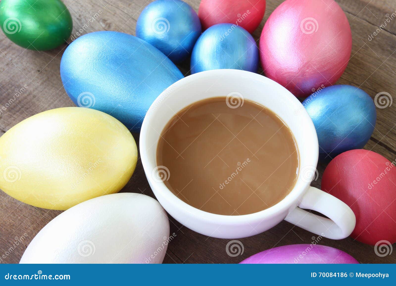 Easter Eggs and Coffee Cup on Wood Background. Stock Photo - Image of ...