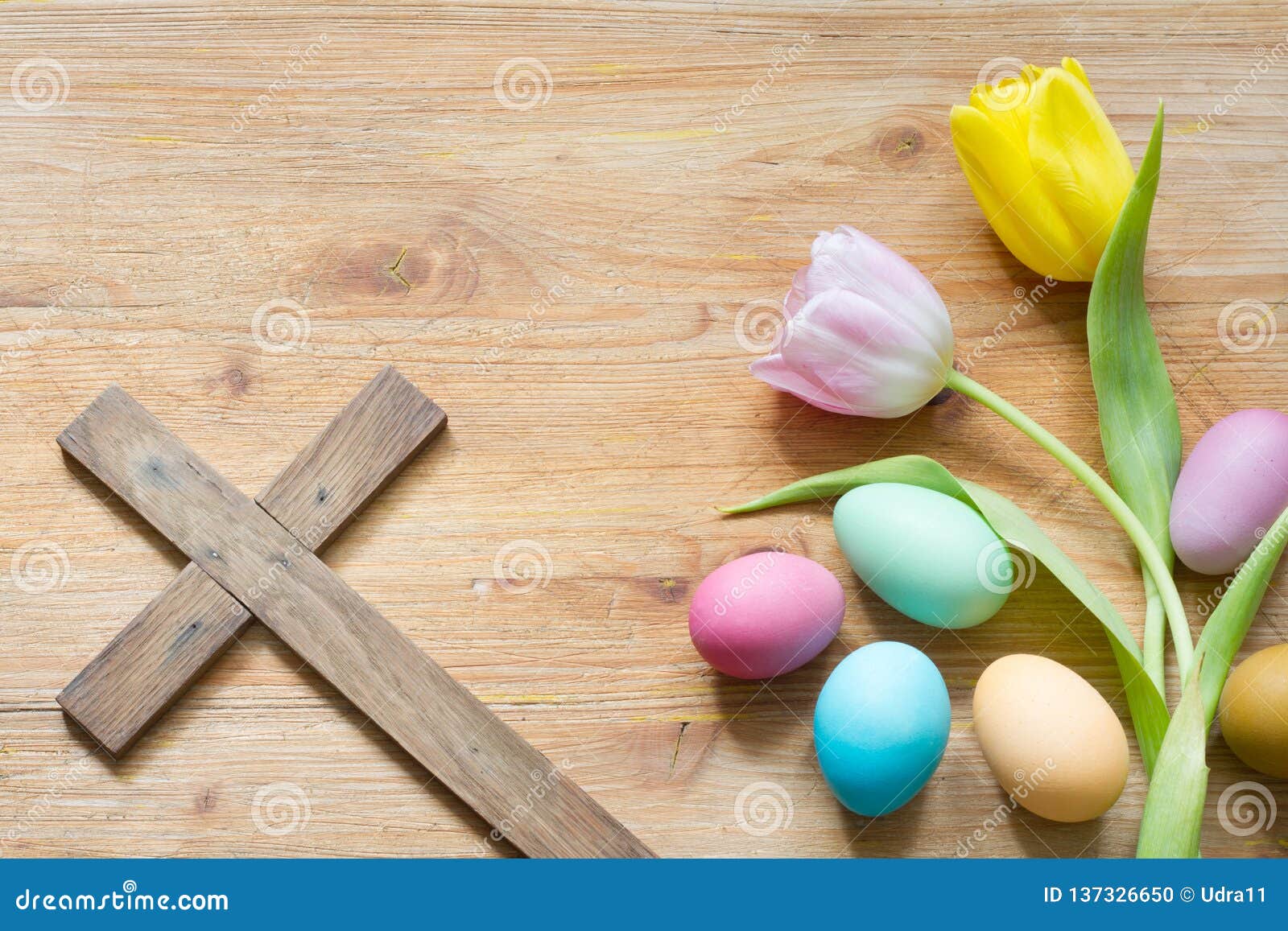 Easter Eggs and Cross on Abstract Wooden Spring Background Stock Photo ...