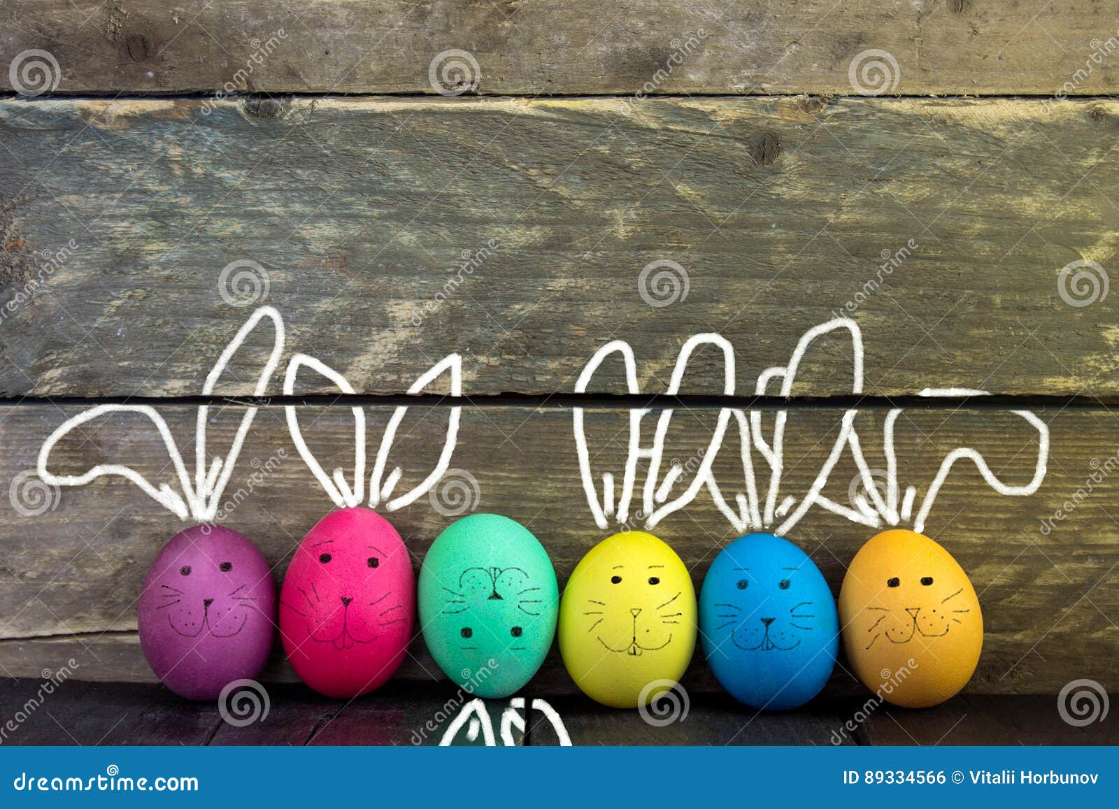 Easter Eggs Cute Bunny on Rustic Wooden Background Stock Photo - Image ...