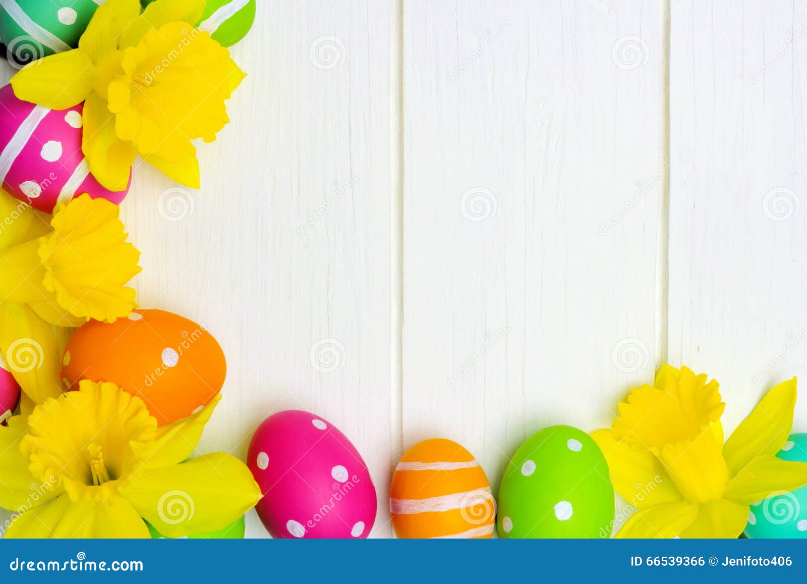 Easter Eggs and Daffodils Corner Border Over White Wood Stock Photo ...