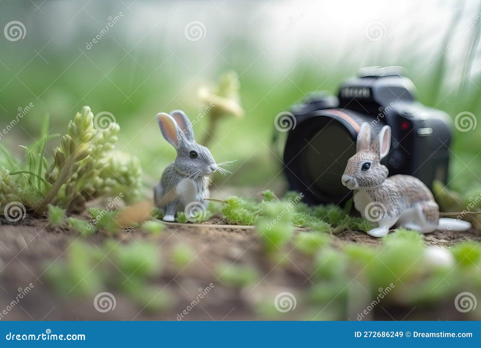 Easter Eggs and Figurines of Rabbits in the Grass, with a Camera Stock ...