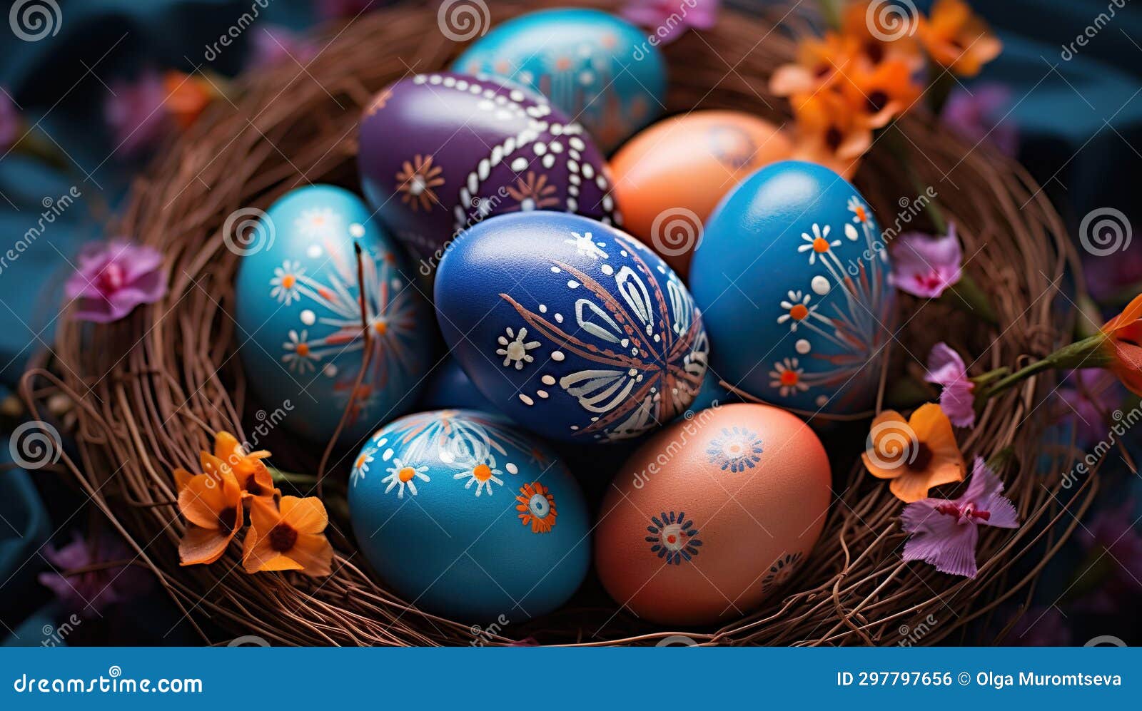 Easter Eggs with Floral and Butterfly Patterns in a Nest Made of Twigs ...