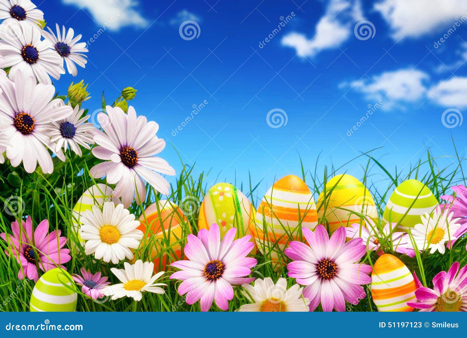 Easter Eggs, Flowers and the Blue Sky Stock Image - Image of greeting ...