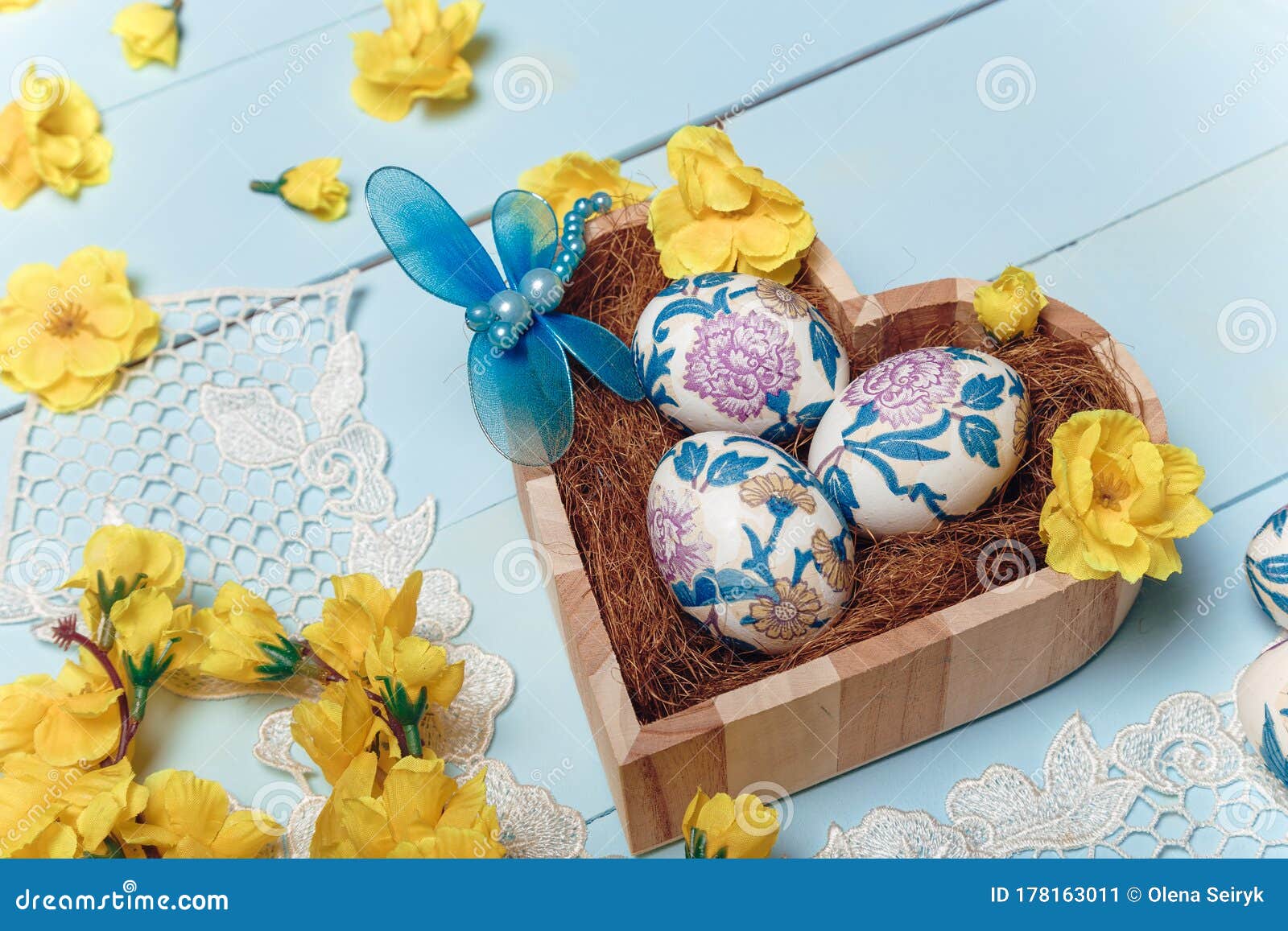 Easter Eggs with Flowers in Heart Shaped Box. Decorative Easter ...