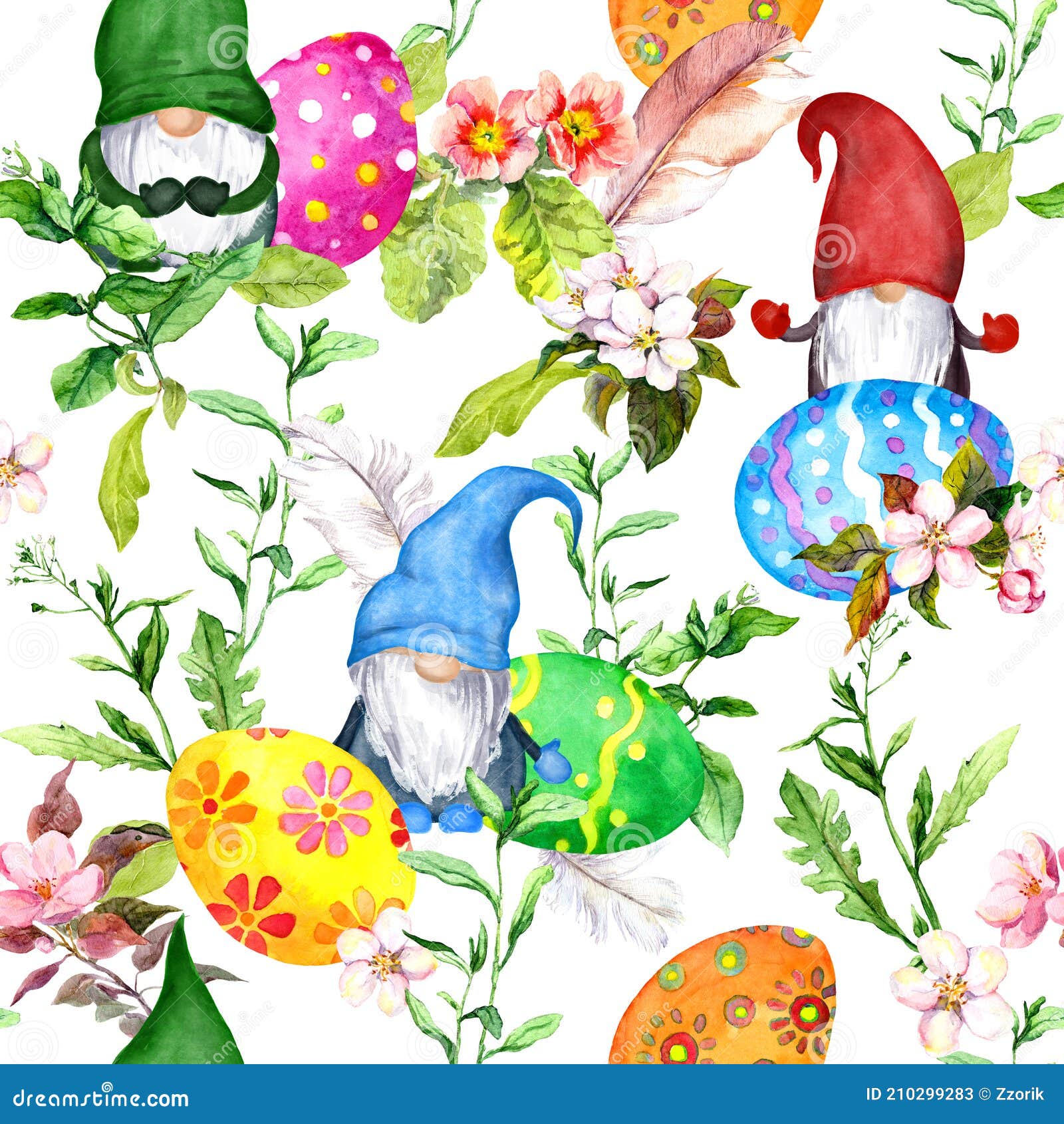 Easter Eggs, Gnomes, Green Grass, Pink Spring Flowers. Seamless Pattern ...